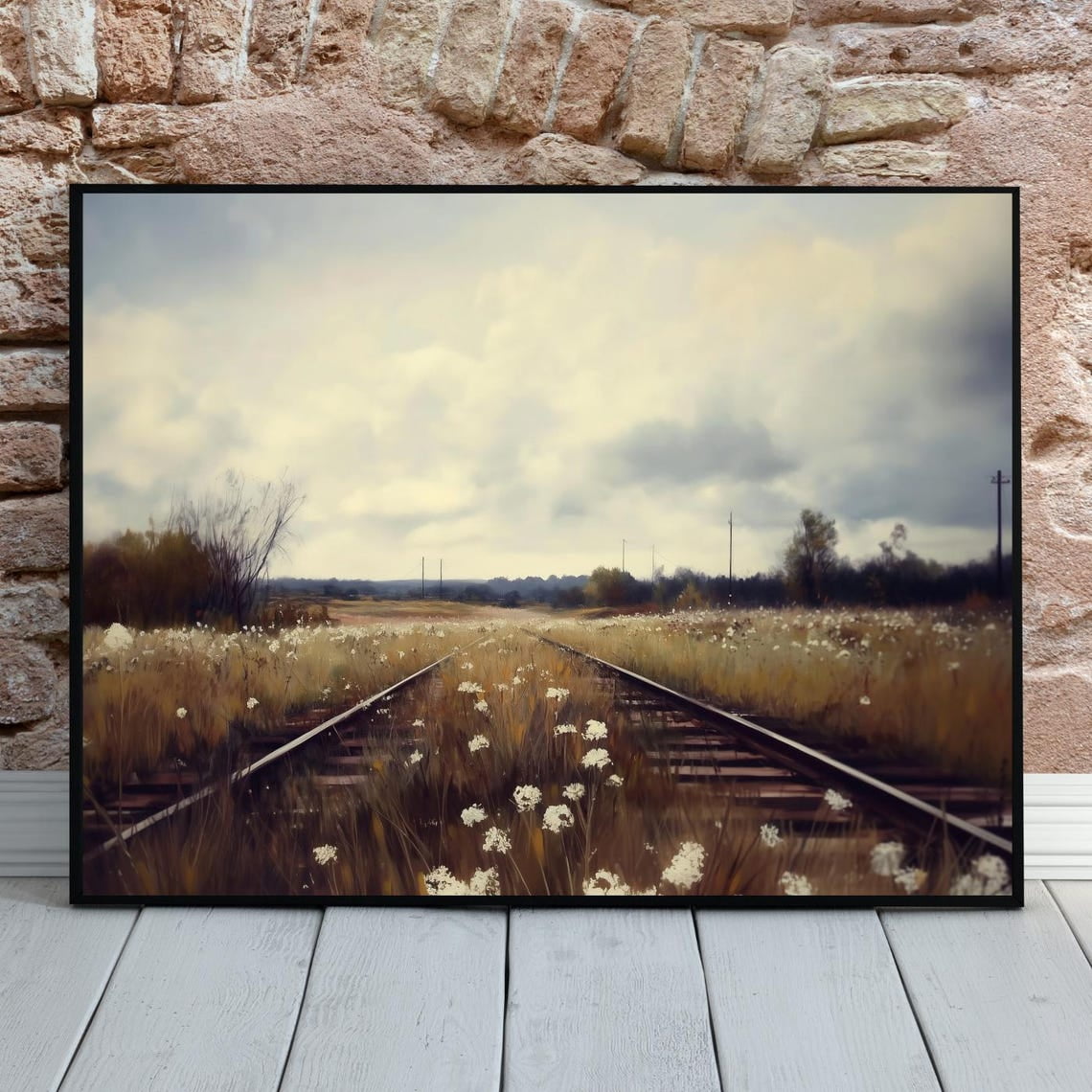 Modroom Moody Train Track Painting Wildflower Wall Art Vintage Railroad Print Modern Farmhouse ...