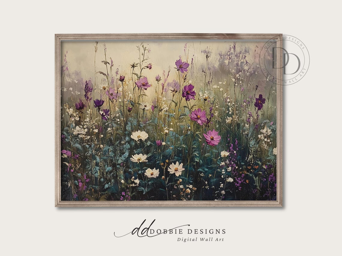 Modroom Moody Wildflower Field Painting Floral Meadow Wall Art Purple ...