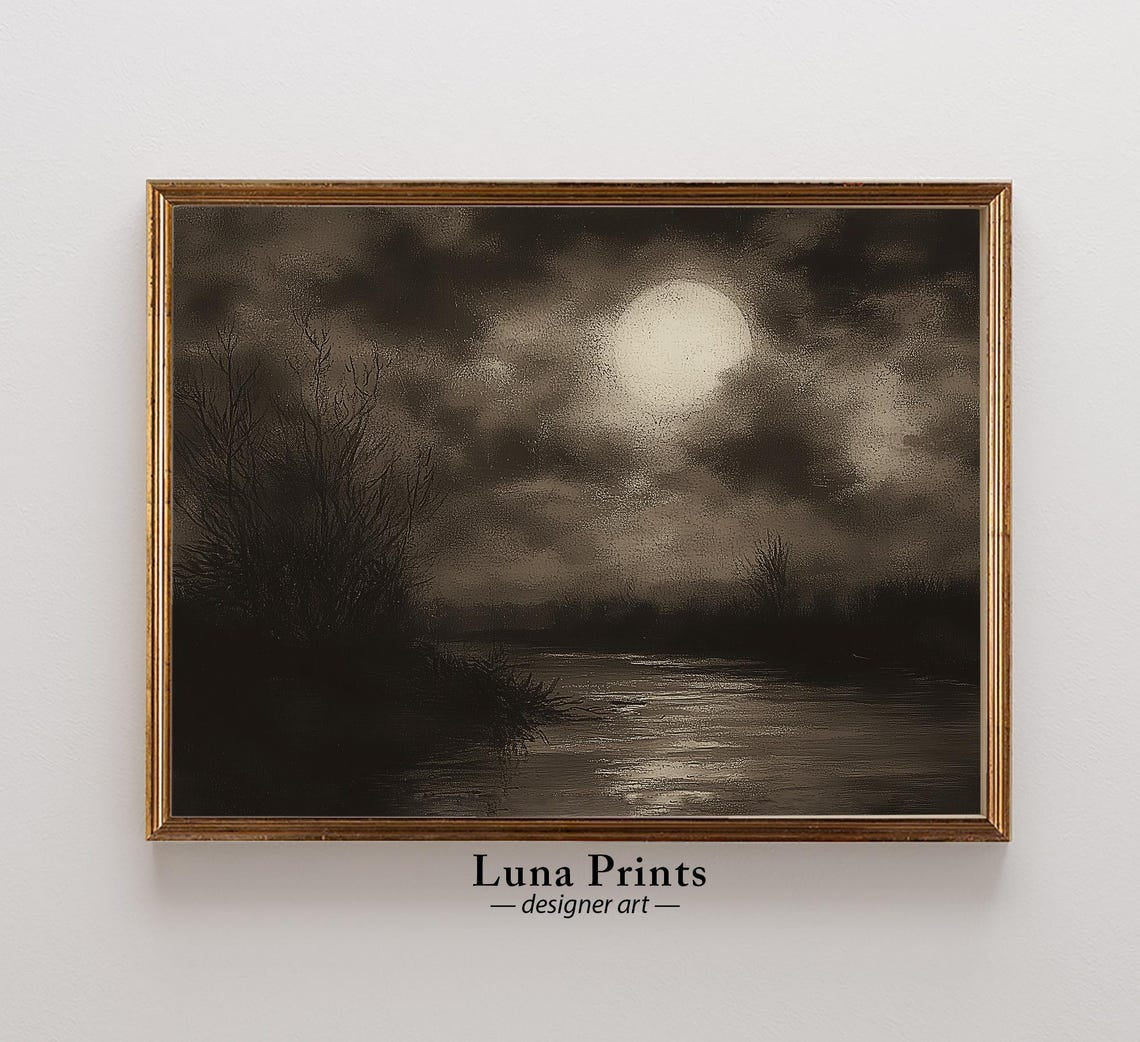 Modroom Moody Winter Full Moon Lake Vintage Seasonal Landscape Wall Art ...