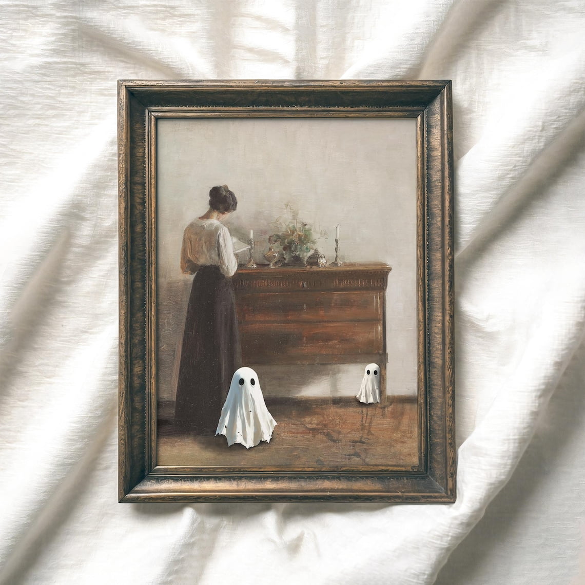 Modroom Moody Woman And Cute Ghosts Print, Vintage Spooky Costume Party ...