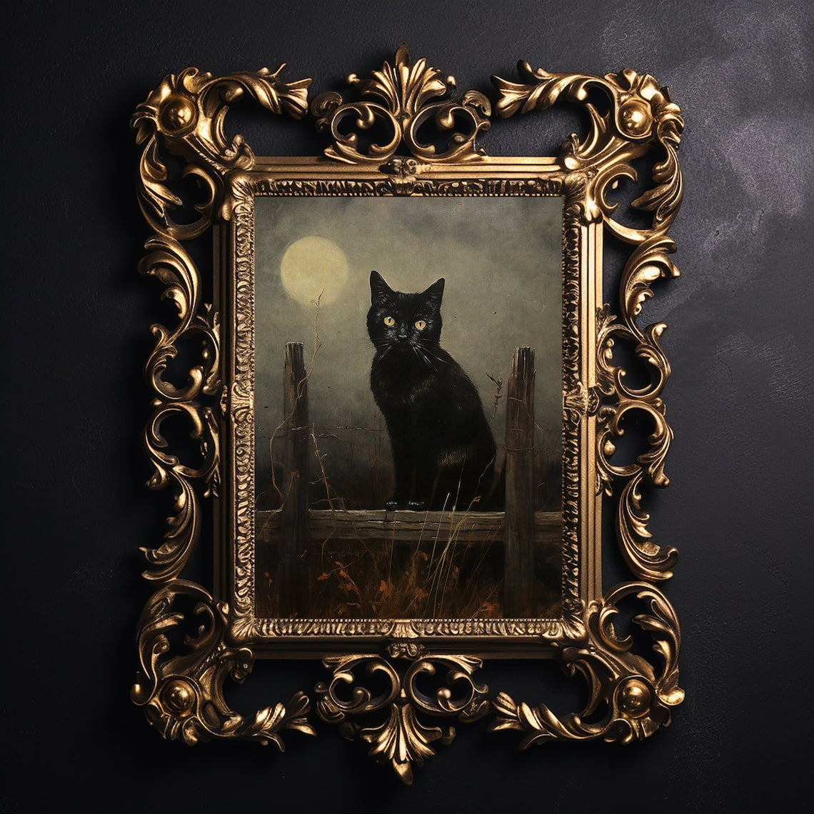 Modroom Moon Cat Night Poster, Gothic Dark Academia Vintage Cat Fence ...