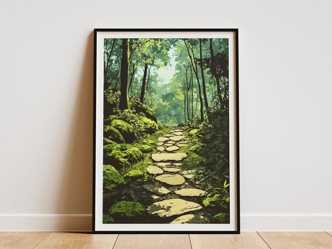 Modroom Mossy Forest Path Art Print Stone Pathway Through Woods Poster ...