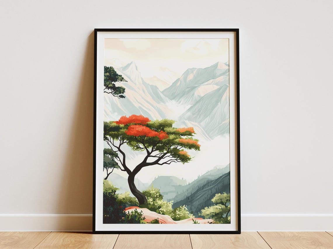 Modroom Mountain Fog Forest Art Print Nature Poster Green Tree Poster ...