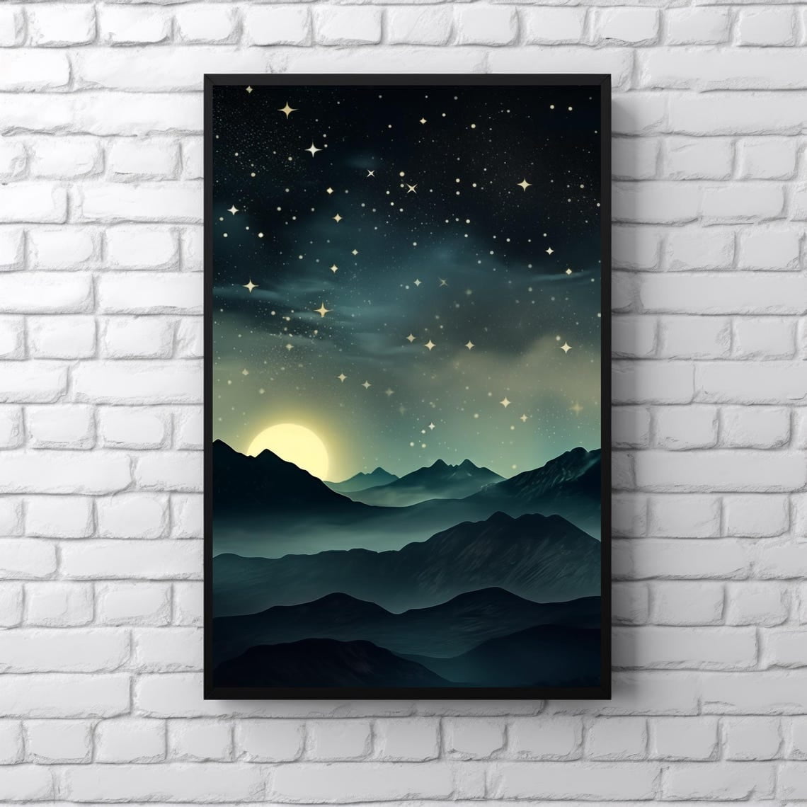 Modroom Mountain Night Sky Art Print, Rising Moon Wall Art Celestial ...