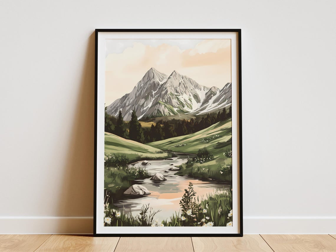Modroom Mountain River Landscape Poster Spring Valley Art Print Nature ...