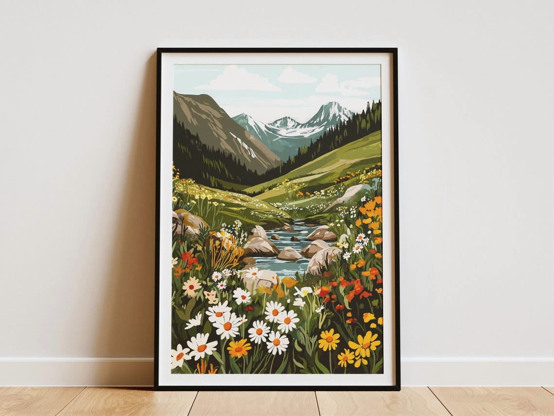 Modroom Mountain Wildflowers Poster Blooming Meadow Stream Art Print ...