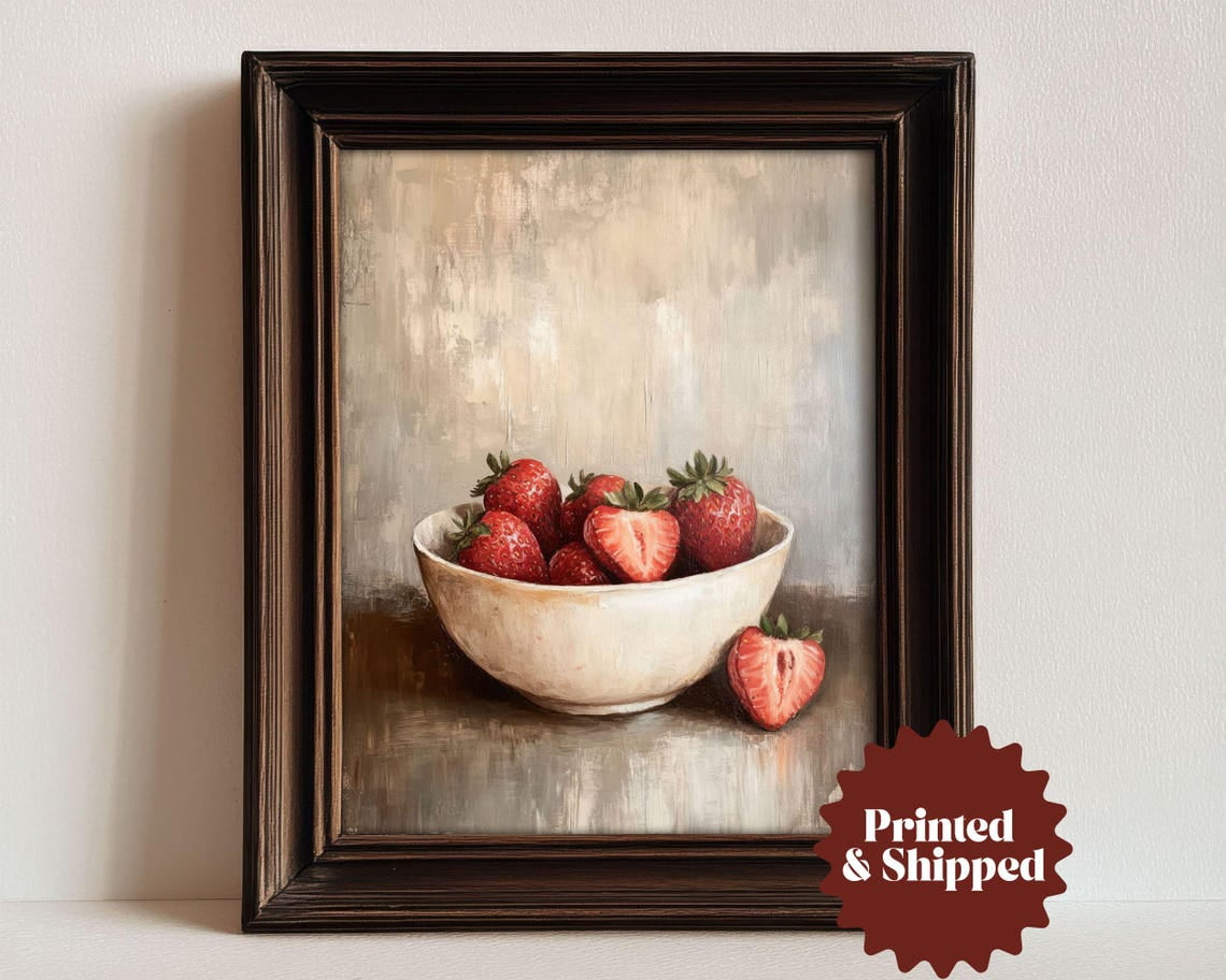 Modroom Muted Strawberry Print Vintage Kitchen Wall Art, Moody Cottage ...