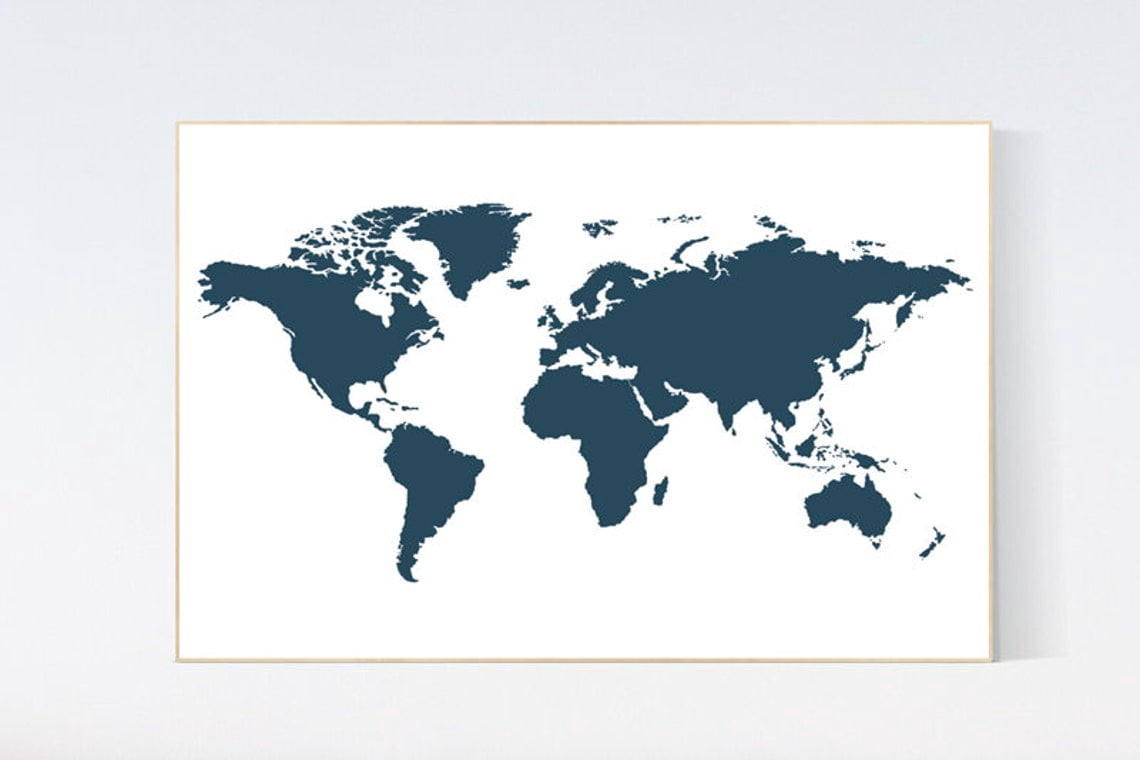 Modroom Navy Nursery Poster, World Map Wall Art for Kids, Navy Blue ...