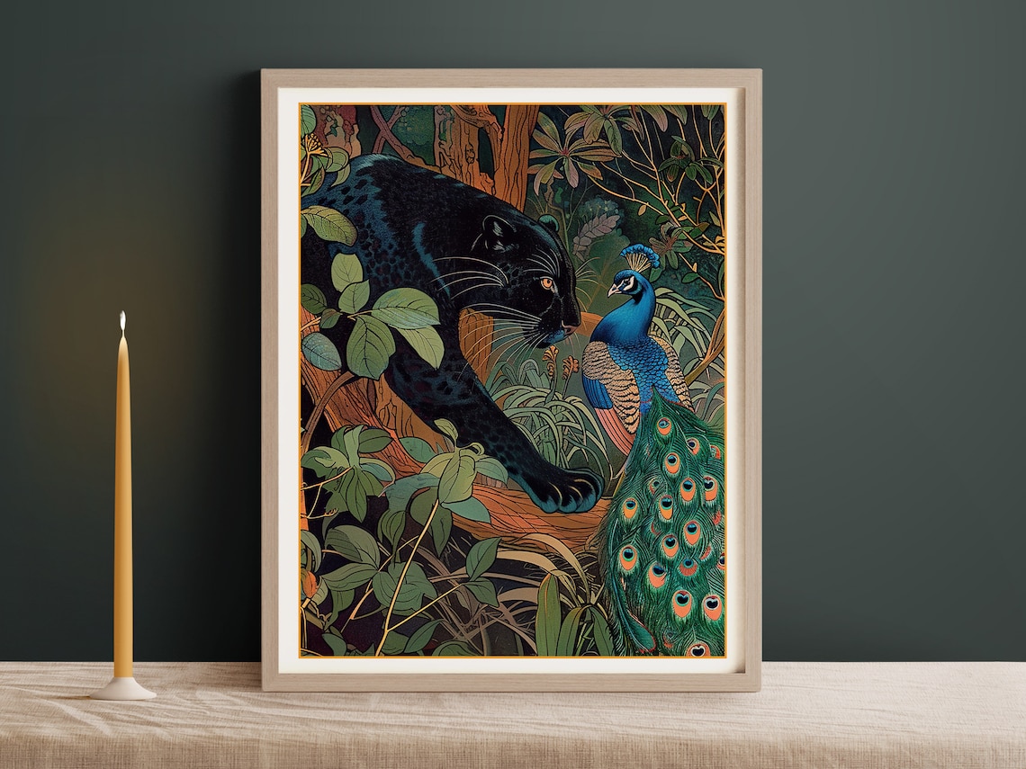 Modroom Vintage Style Panther And Peacock Fine Art Print • Animal Decor ...
