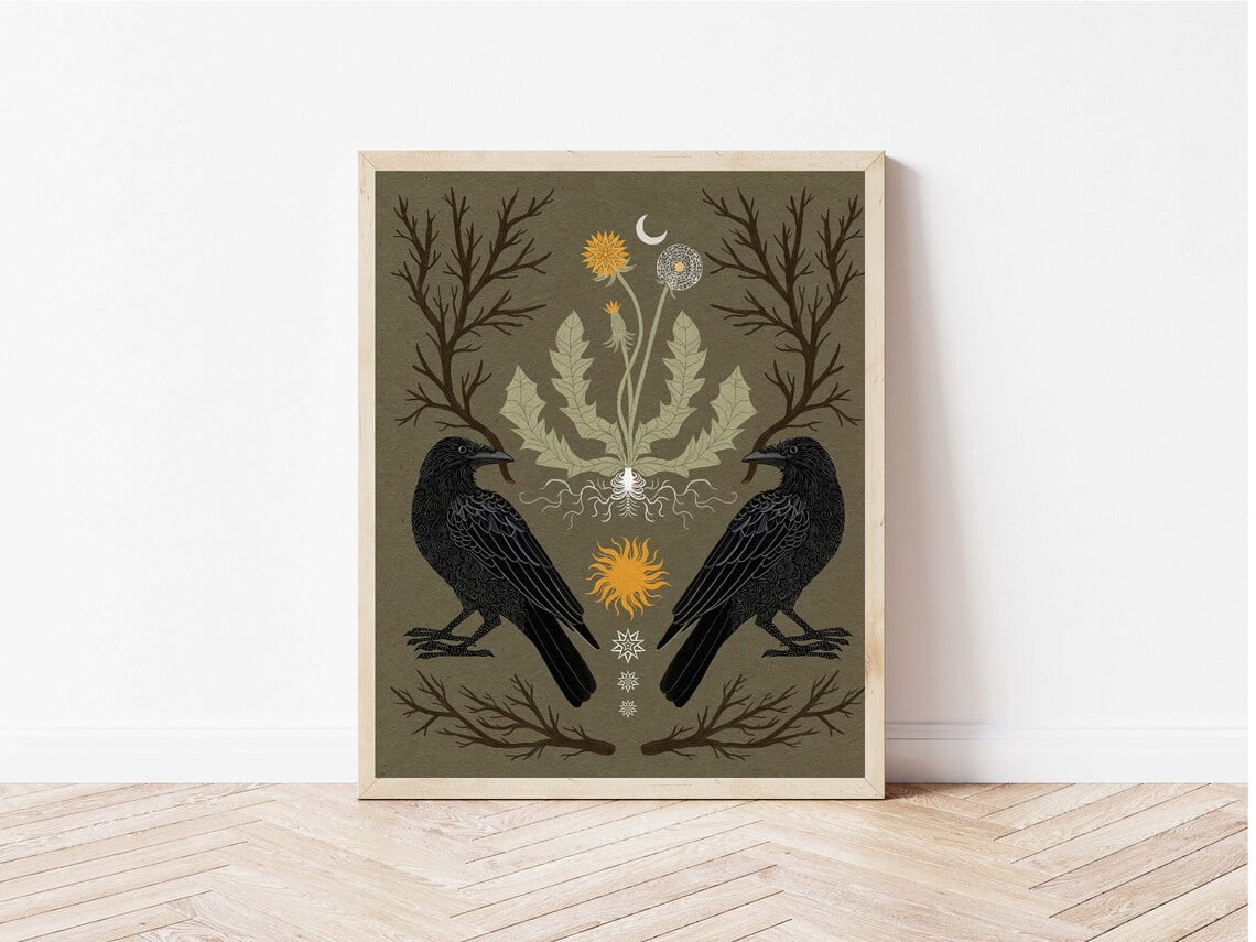 Modroom Nesting Crows And Dandelions Nature Print - Cottagecore Folk ...