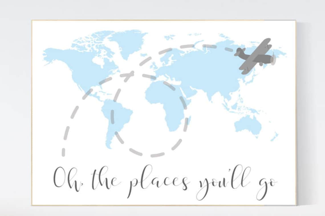 Modroom Nursery Map Decor, Oh The Places You'll Go, World Map, Blue ...