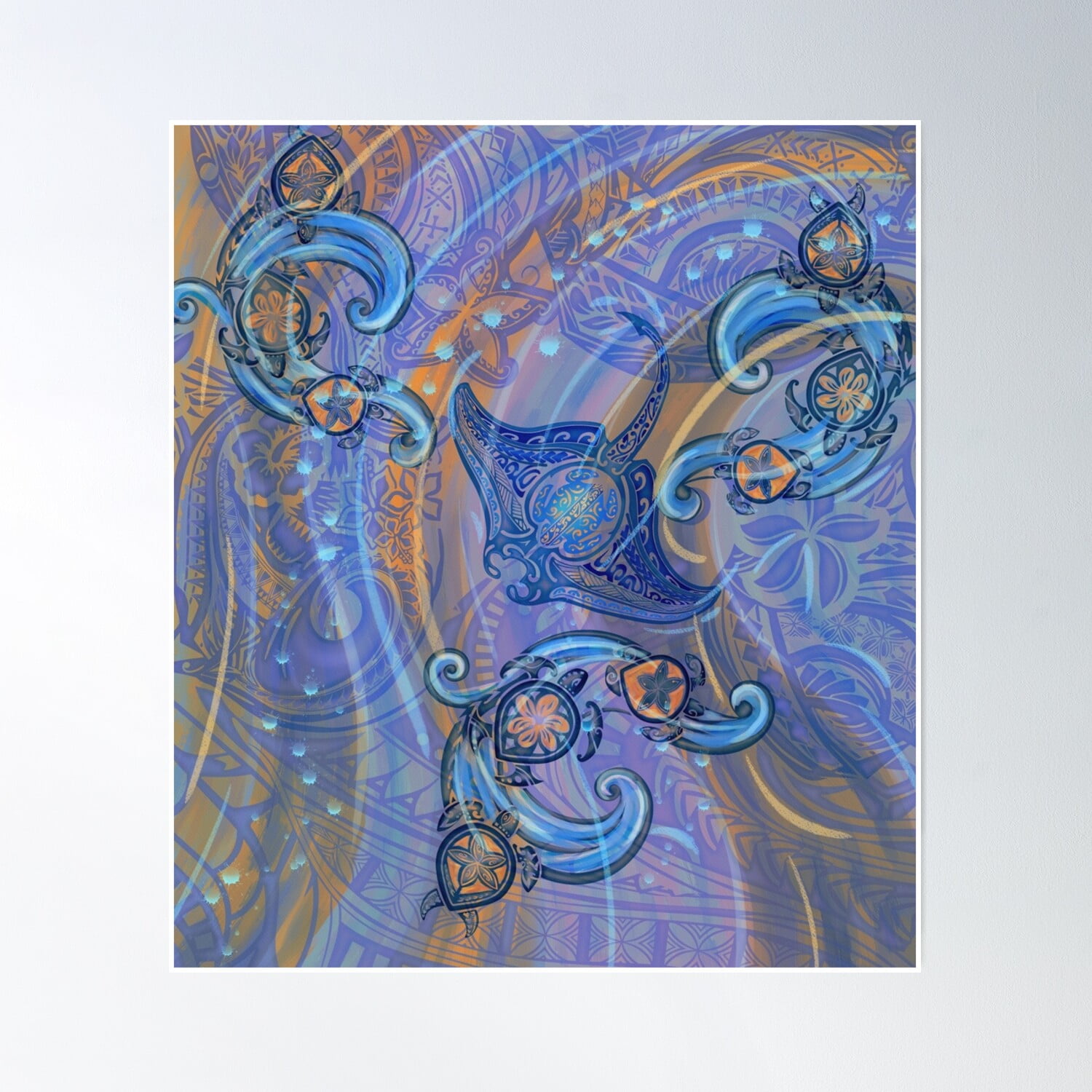 Modroom Ocean Blue Tribal Manta Ray And Turtles Ocean Spray Watercolor ...