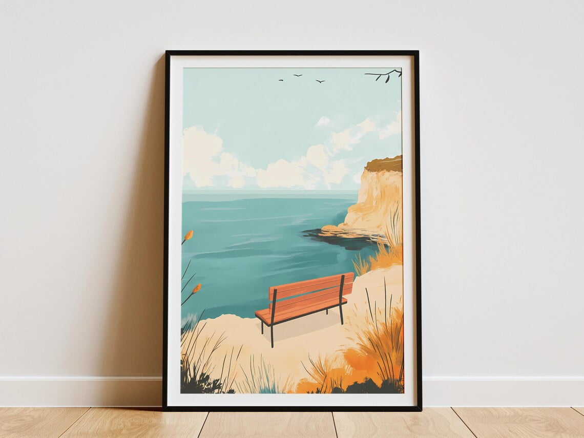Modroom Ocean Cliff Bench Poster Minimalist Seascape Coastal Wall Art ...