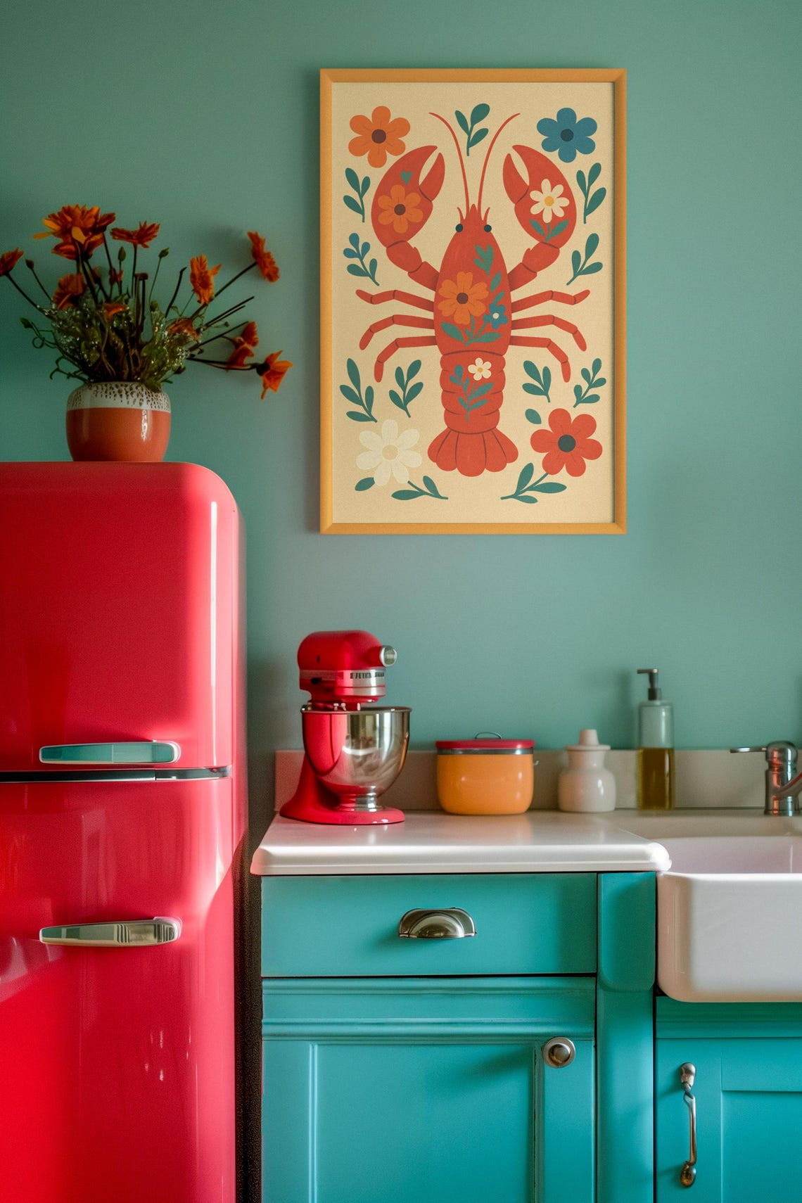 Modroom Ocean Poster, Lobster Wall Art, Retro Fisherman Print, 24x36 ...