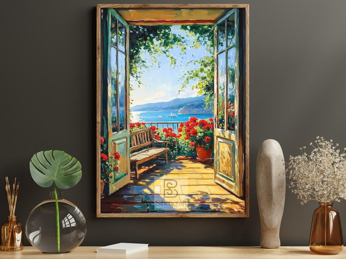 Modroom Ocean View Poster, Scenic Balcony Wall Art, Serene Nature Print ...