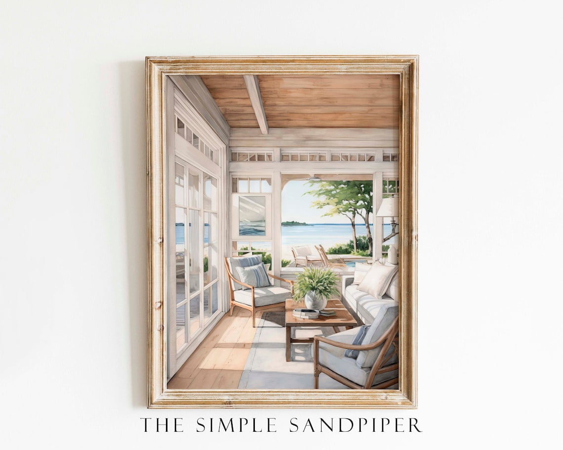 Modroom Ocean View Print, Coastal Porch Scene Art, Seaside, Beach Lover ...
