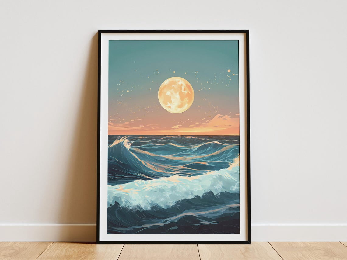 Modroom Ocean Wave Poster Moonlight Sea Print Coastal Wall Art Beach ...