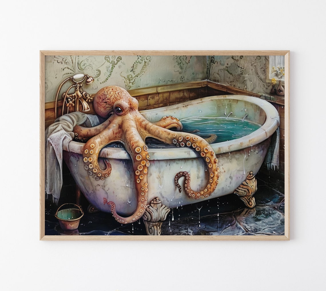 Modroom Octopus In The Bathtub Print | Bathroom Wall Art, Surreal ...