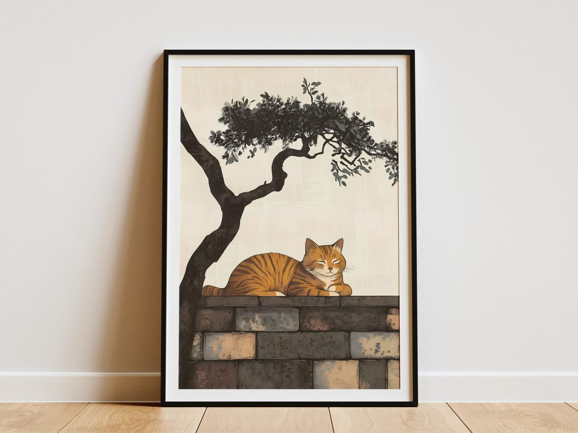 Modroom Orange Cat Resting On Stone Wall Under Tree Japanese Style Cat ...