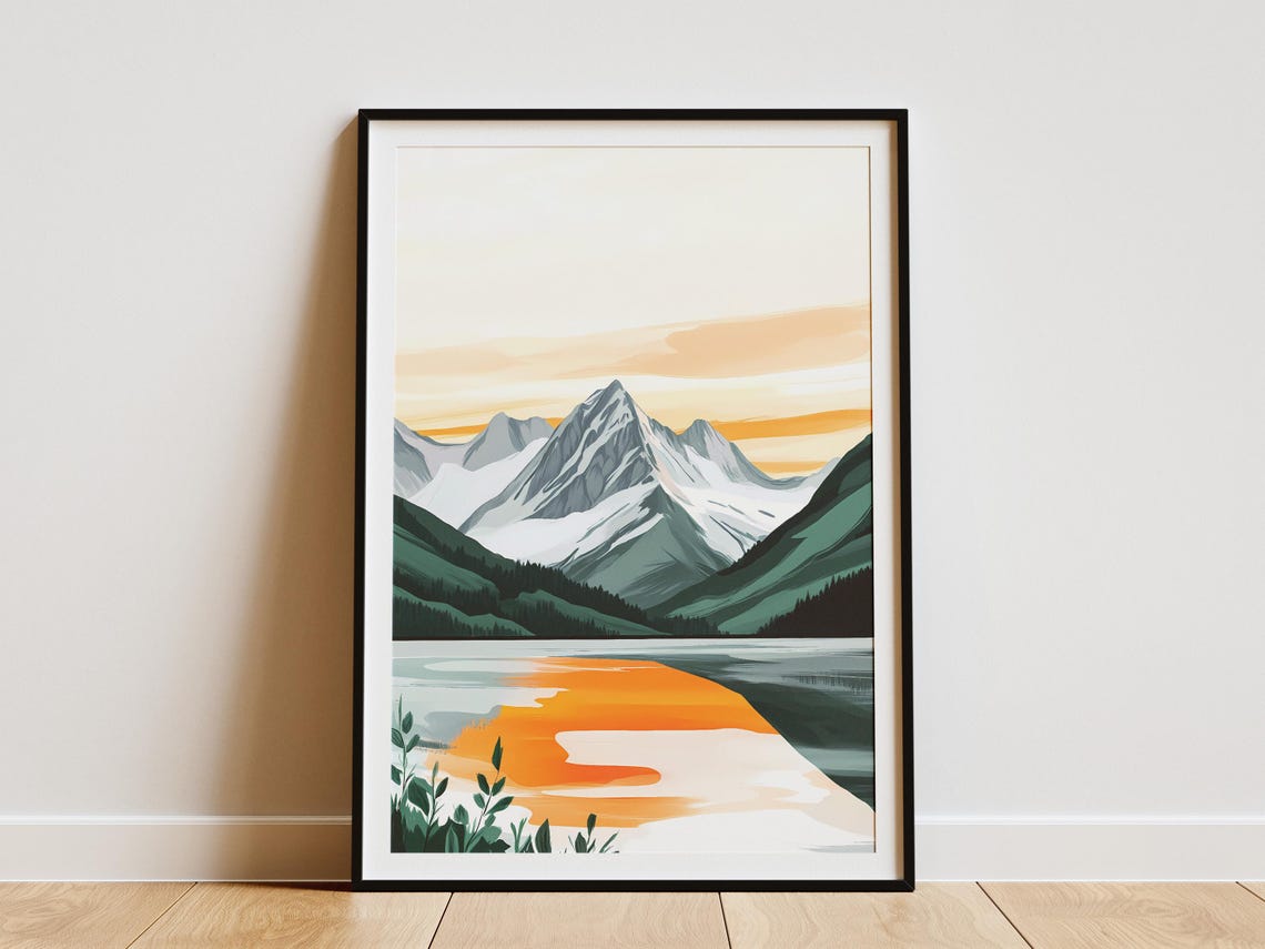Modroom Orange Sunset Mountain Lake Landscape Art Print Nature Poster ...