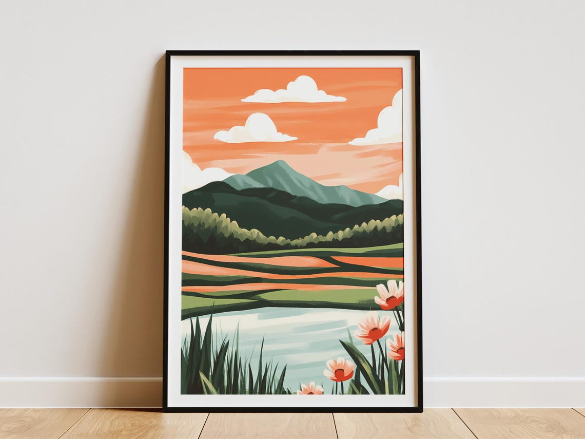Modroom Orange Sunset Mountain Landscape Poster Nature Art Print Modern ...