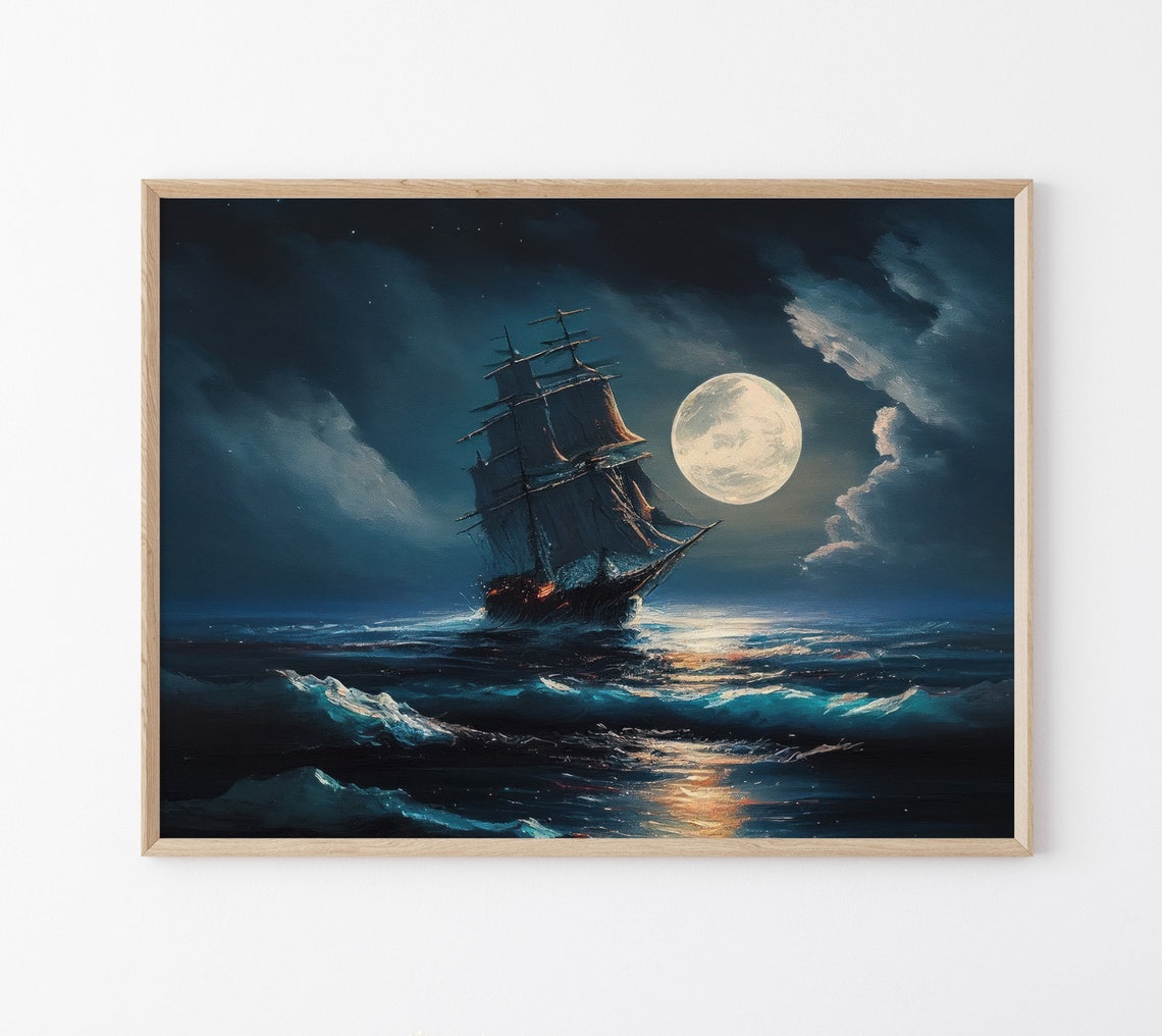 Modroom Original Scenic Moon Sailing On Calm Sees, Wall Matte Art Print ...