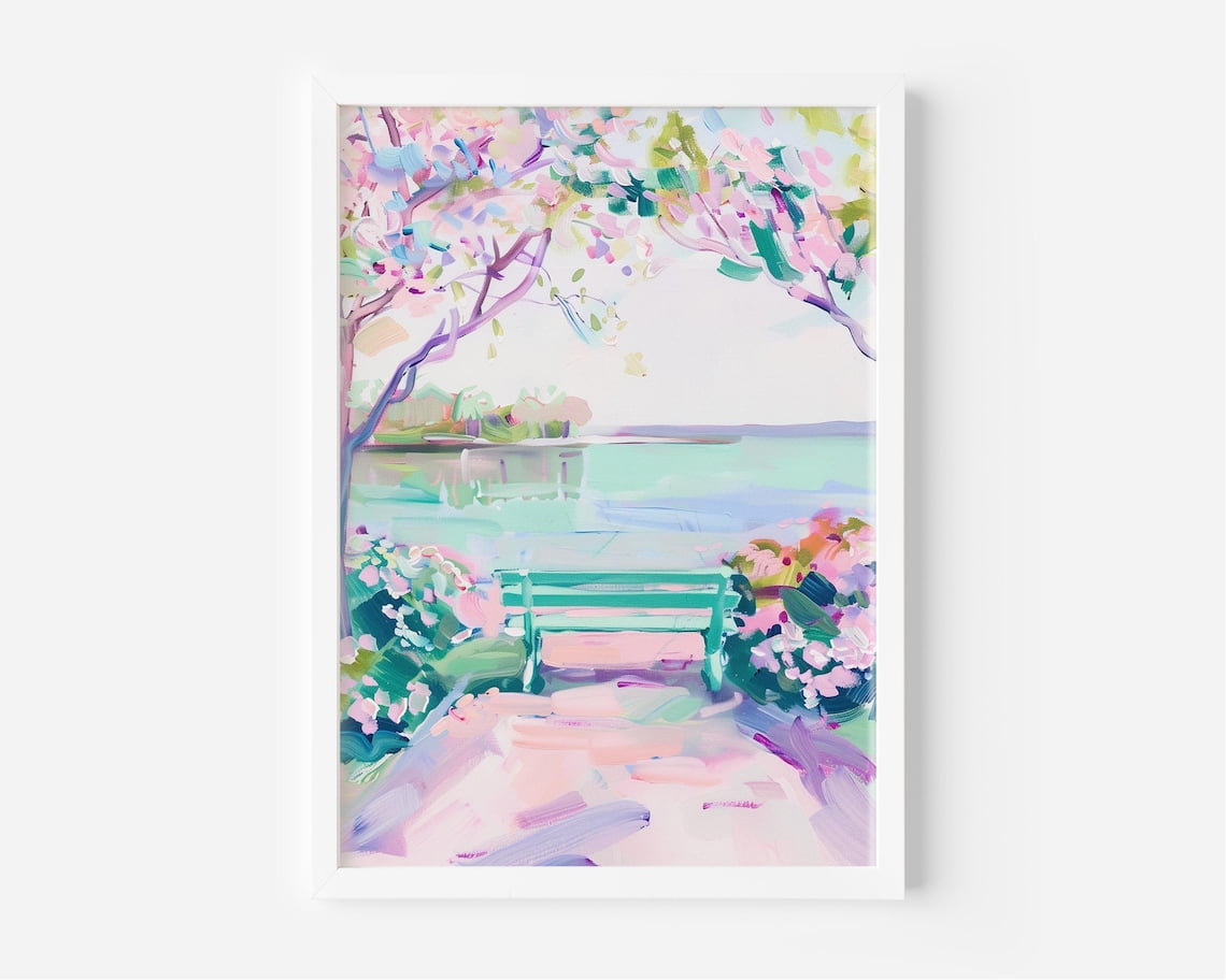 Modroom Pastel Waterside Park, Colorful Landscape, Pink Pastel Art ...