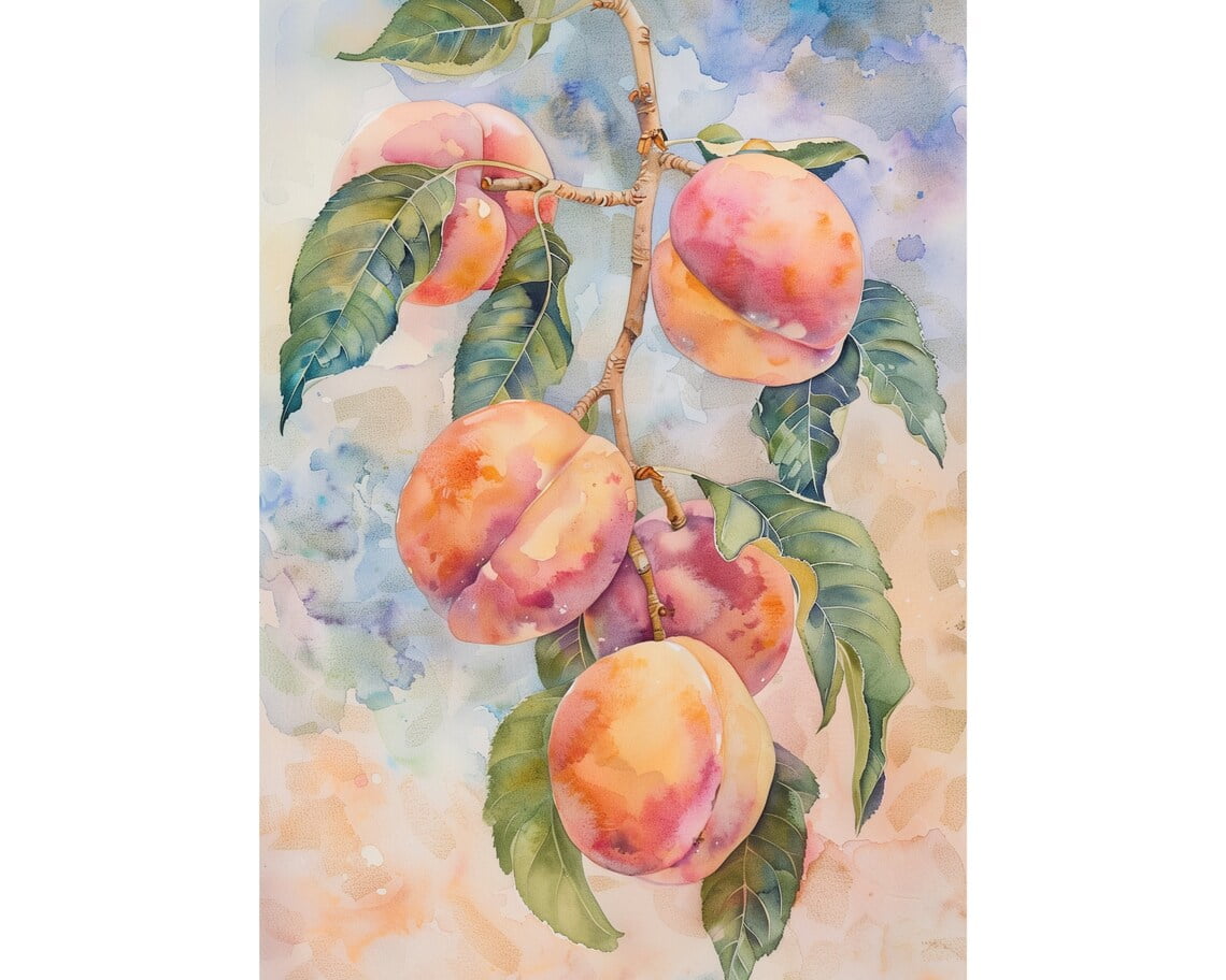 Modroom Peach On Branch Painting Fruit Tree Art Print Kitchen Peach ...