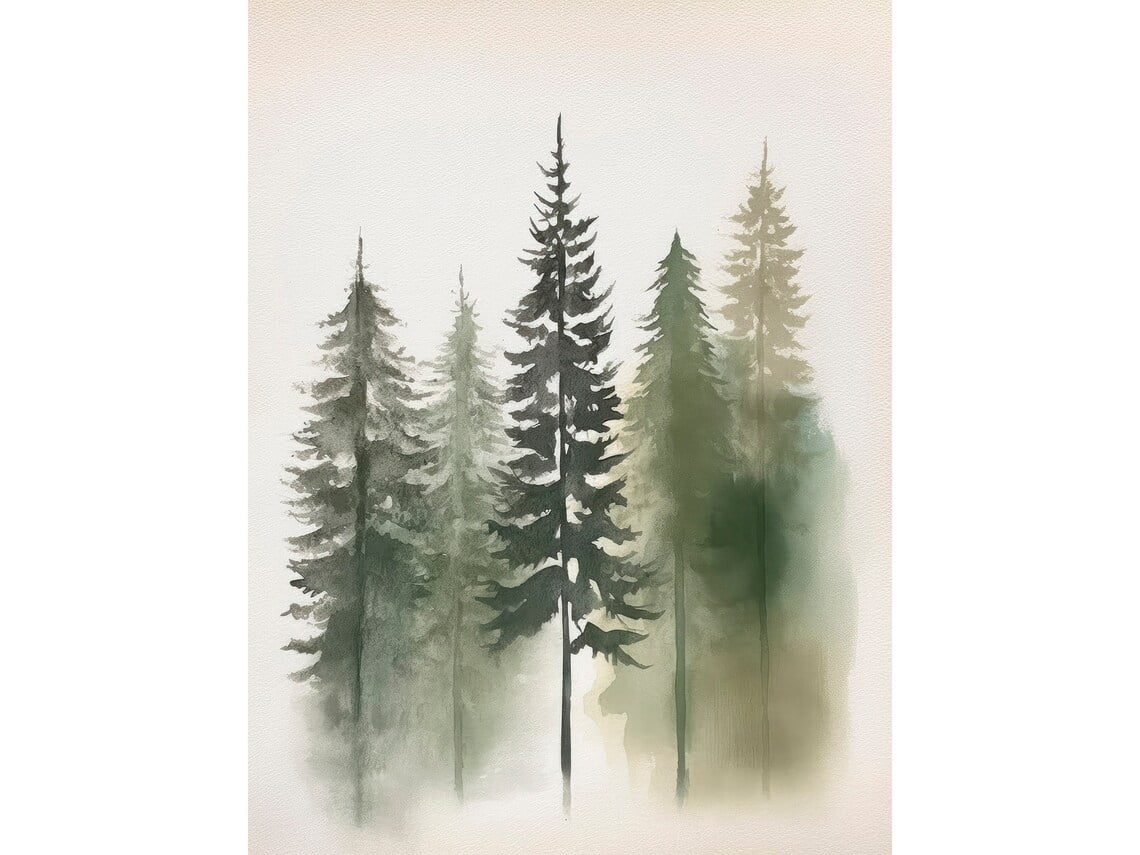 Modroom Pine Trees Painting Misty Forest Poster Minimalist Evergreen ...