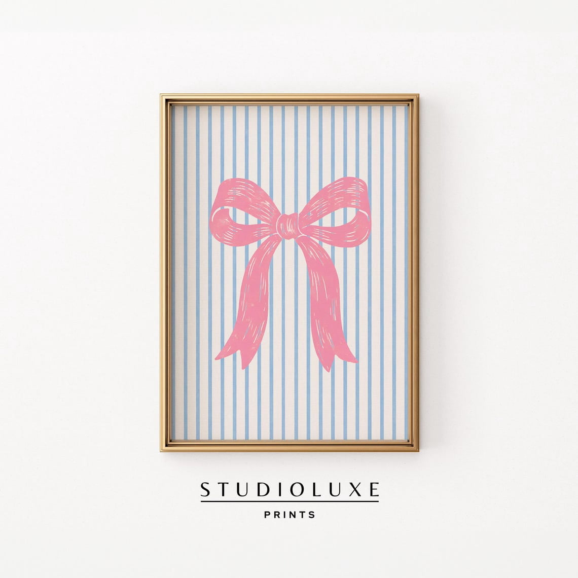 Modroom Pink Bow On Blue Stripe Wall Art Coquette Aesthetic Decor For ...