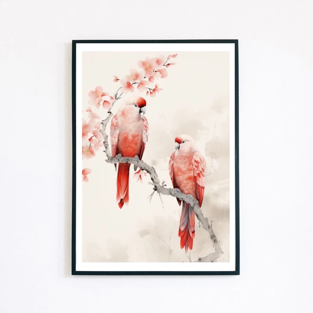 Modroom Pink Cardinal Bird Watercolour Painting Illustration Wall Decor ...