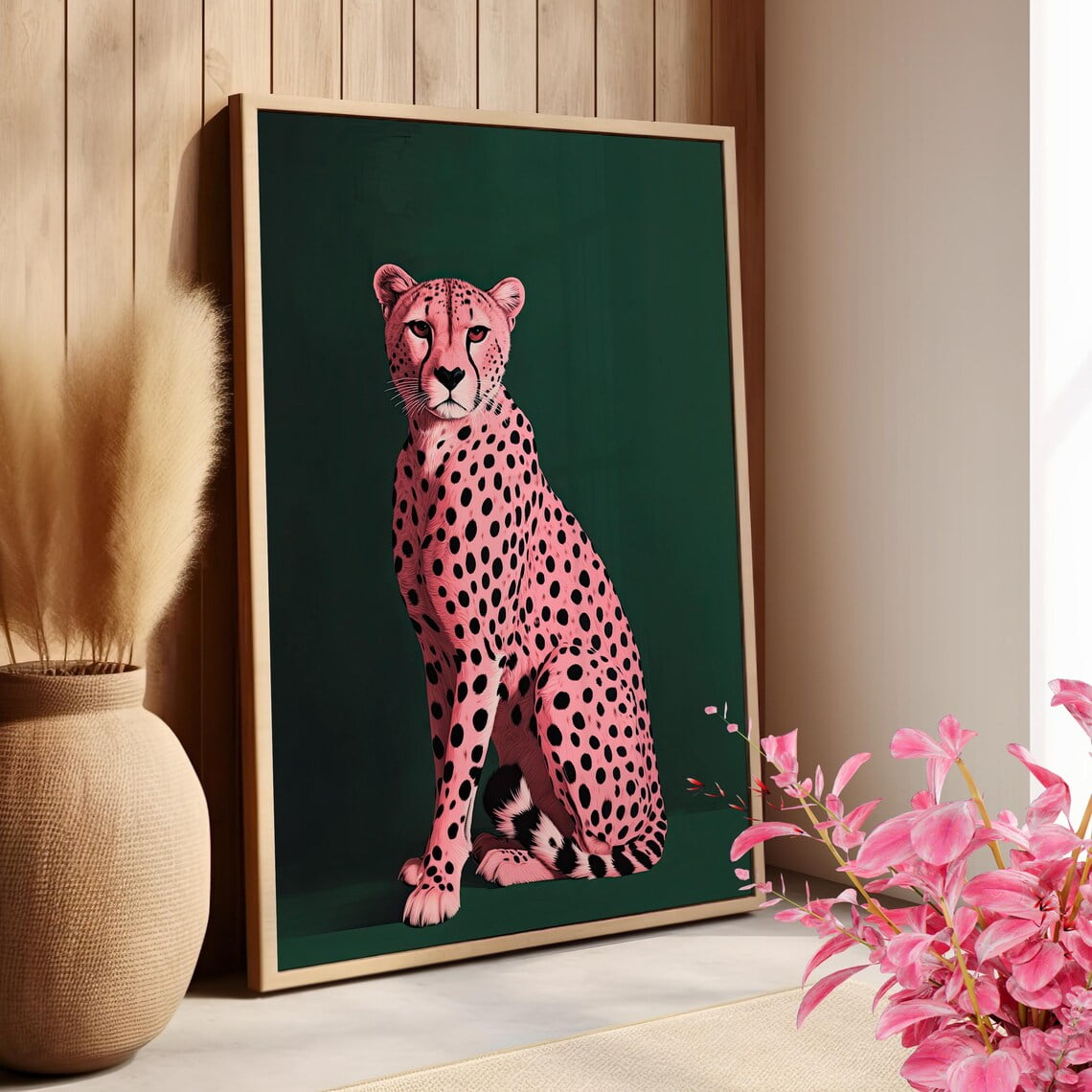 Modroom Pink Cheetah Portrait Emerald Green Wall Art Print, Pink Animal ...
