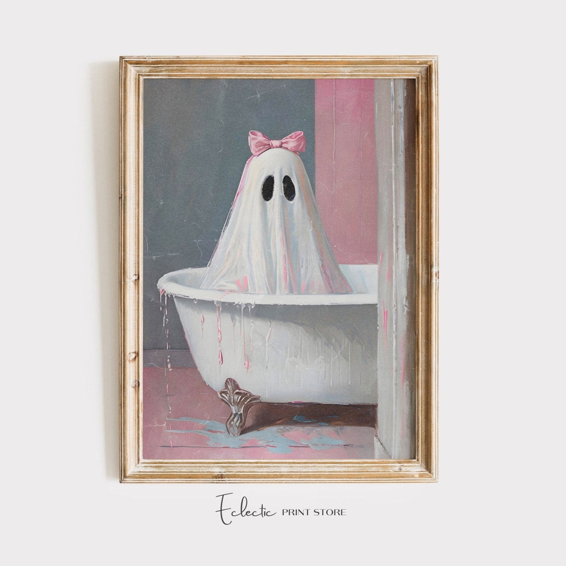 Modroom Pink Ghost Wall Art Cute Ghost In Bath Tub Print Pink Decor ...