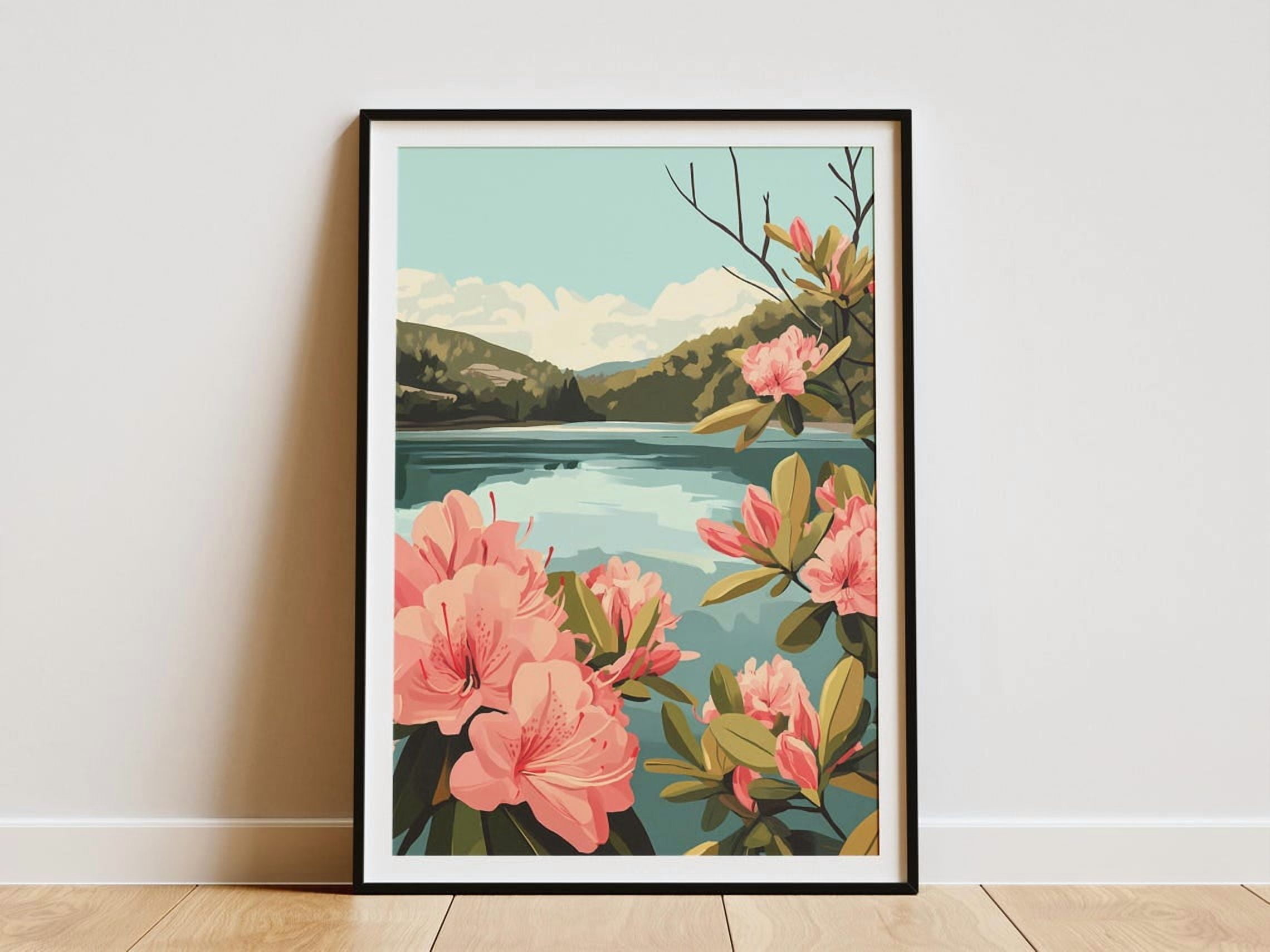 Modroom Pink Rhododendron Lake Poster Botanical Flower Art Print Lake ...