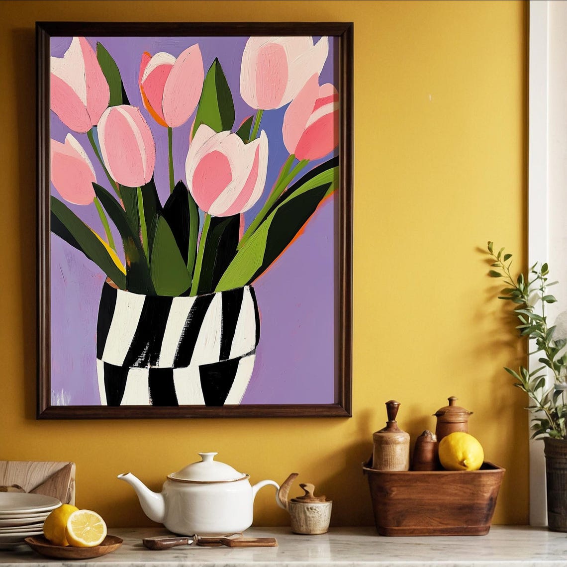 Modroom Pink Tulips Gouache Wall Art Print, Bold Floral Illustration ...