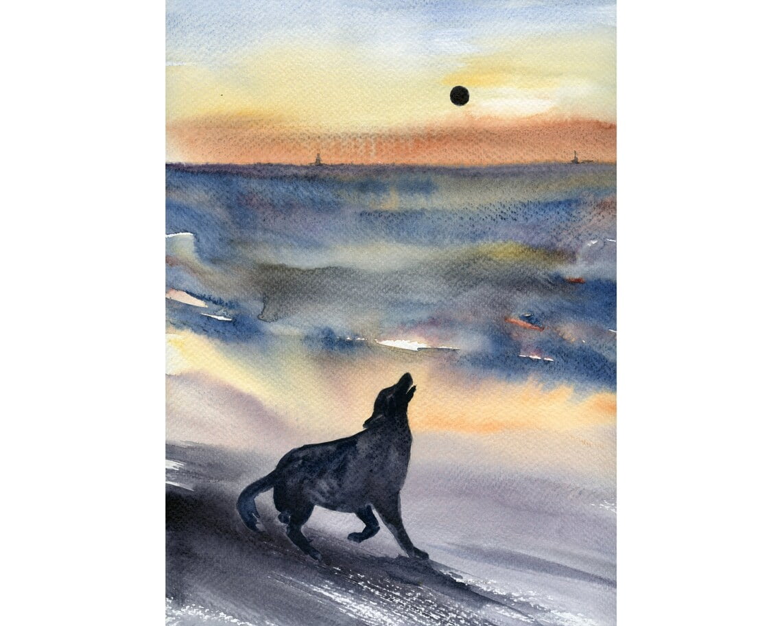 Modroom Playing Dog On Beach Painting Labrador Art Large Print Sunset ...