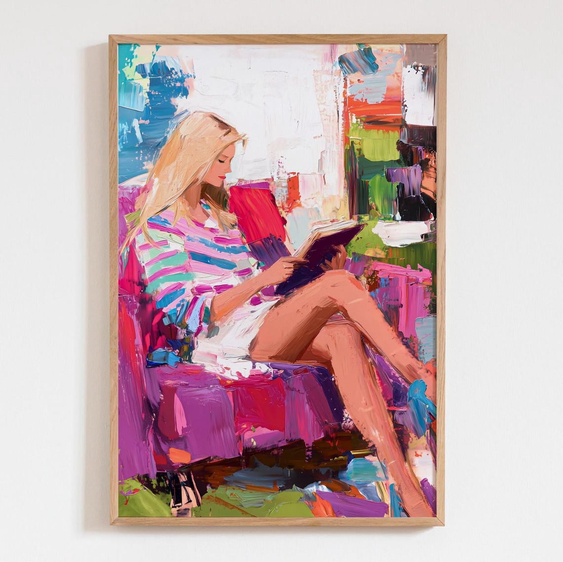Modroom Purple Blue Acrylic Girl Reading Art Print, Preppy Stripe ...