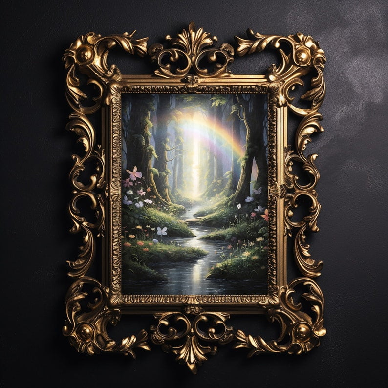 Modroom Rainbow in Magical Forest Poster, Moody Botanical Cottagecore ...