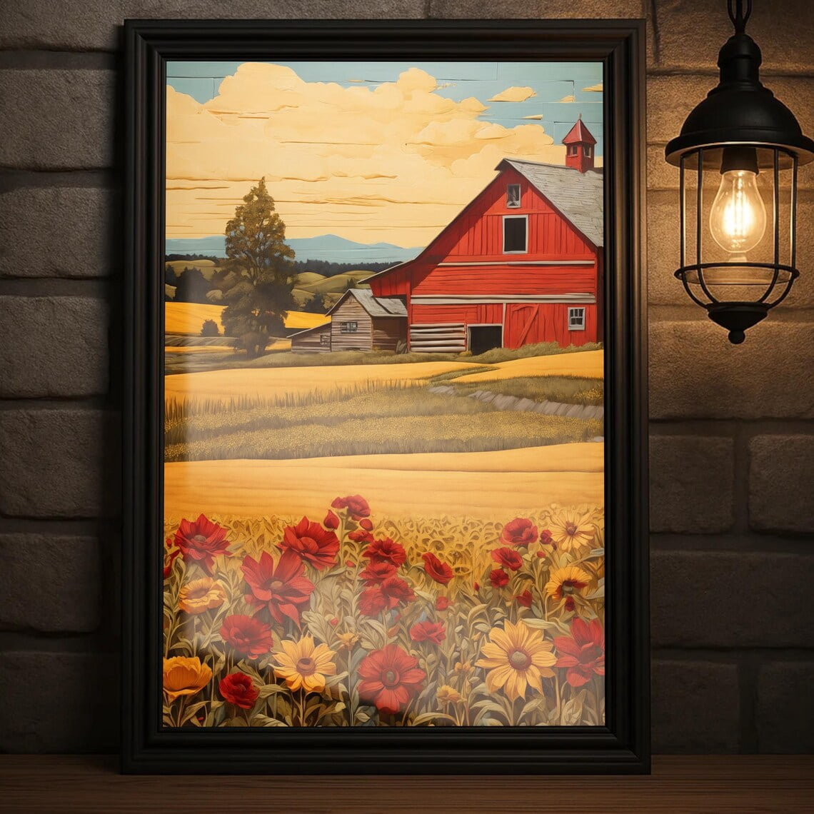 Modroom Red Barn And Wildflowers Folk Art Print, Rustic Country ...