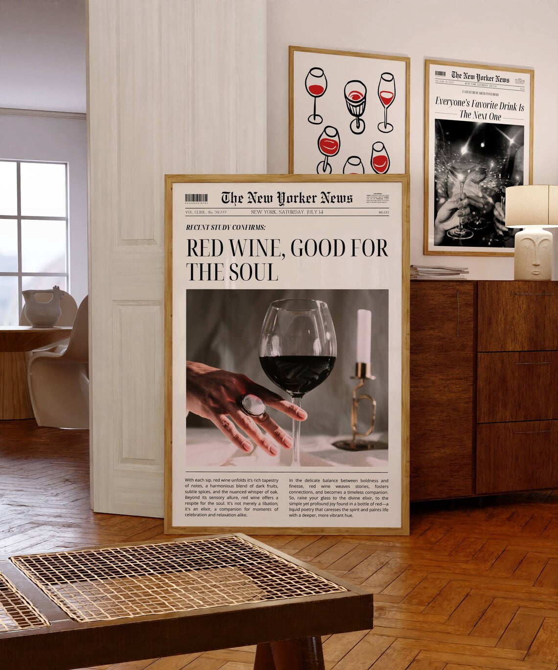 Modroom Red Wine Newspaper Headline Poster, Quote Poster, Retro Bar ...