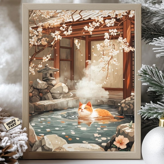 Modroom Relaxed Cat Onsen Poster Calico Sakura Hot Spring Zen Wall Art ...