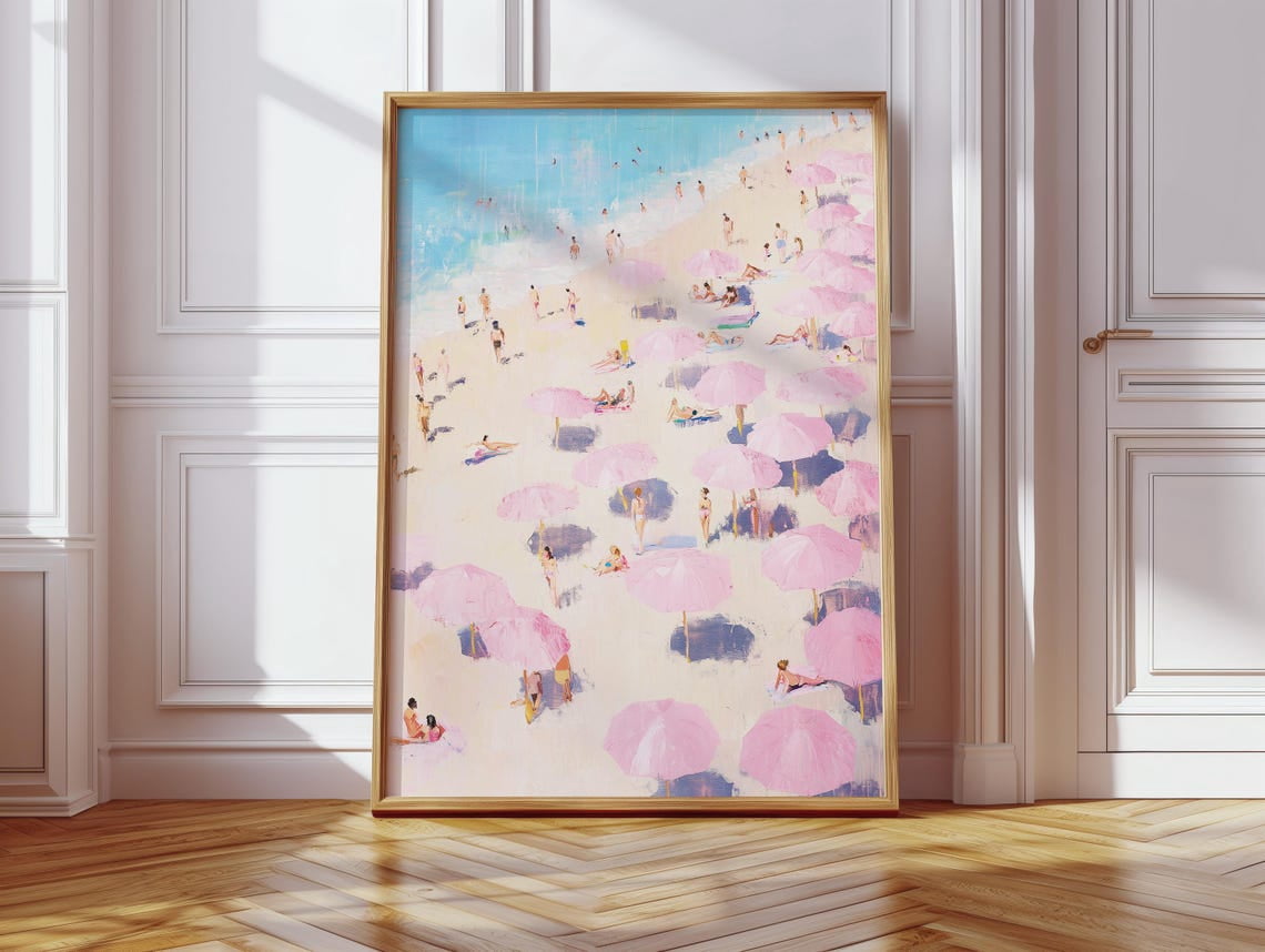 Modroom Retro Beach Painting, Vintage Beachy Wall Art, Pastel Pink ...