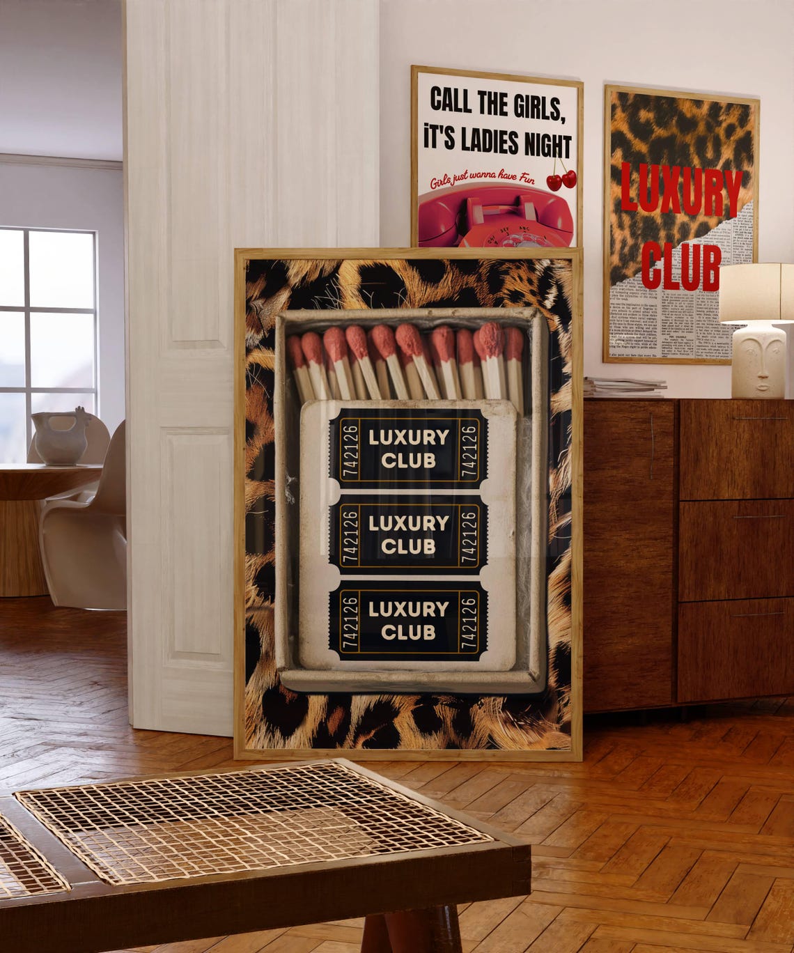 Modroom Retro Leopard Matchbox Wall Art, Luxury Club Poster, Black ...