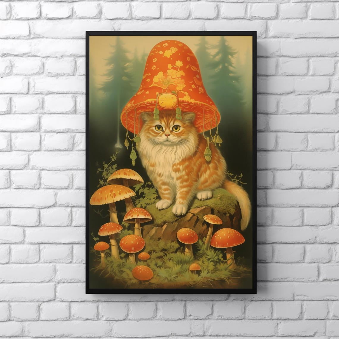 Modroom Retro Mushroom Cat Print Magic Mushroom Forest Poster Trippy ...