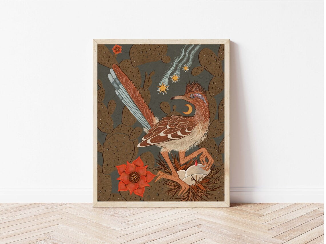 Modroom Roadrunner, Nest, And Cactus Folk Art Nature Print - Desert ...