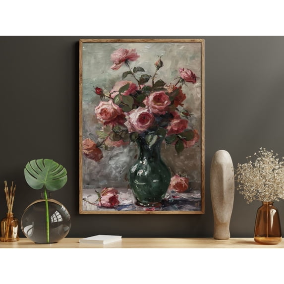 Modroom Rose Vase Poster, Vintage Botanical Wall Art, Rustic Floral ...