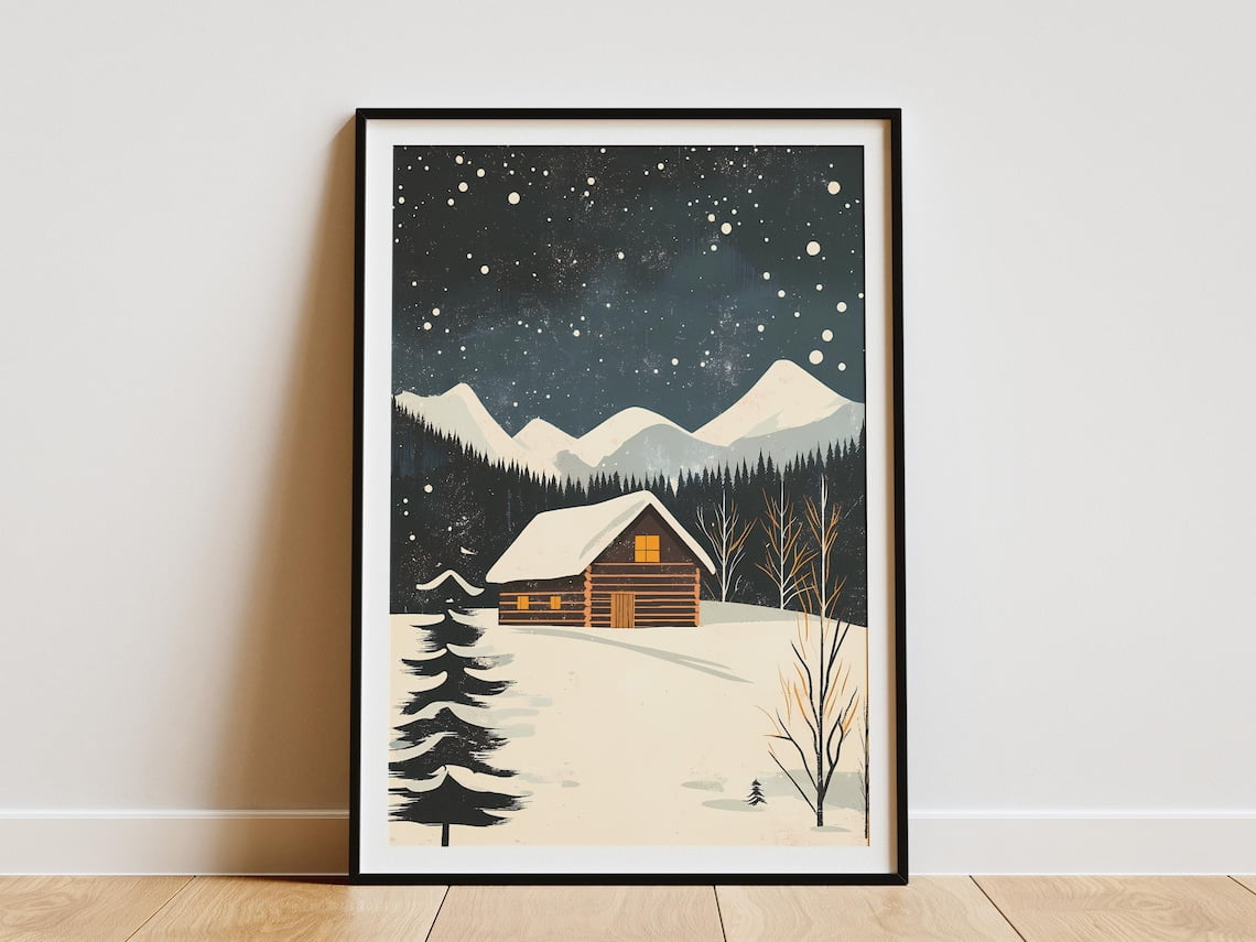Modroom Rustic Cabin Winter Landscape Poster Snowy Mountain Cabin ...