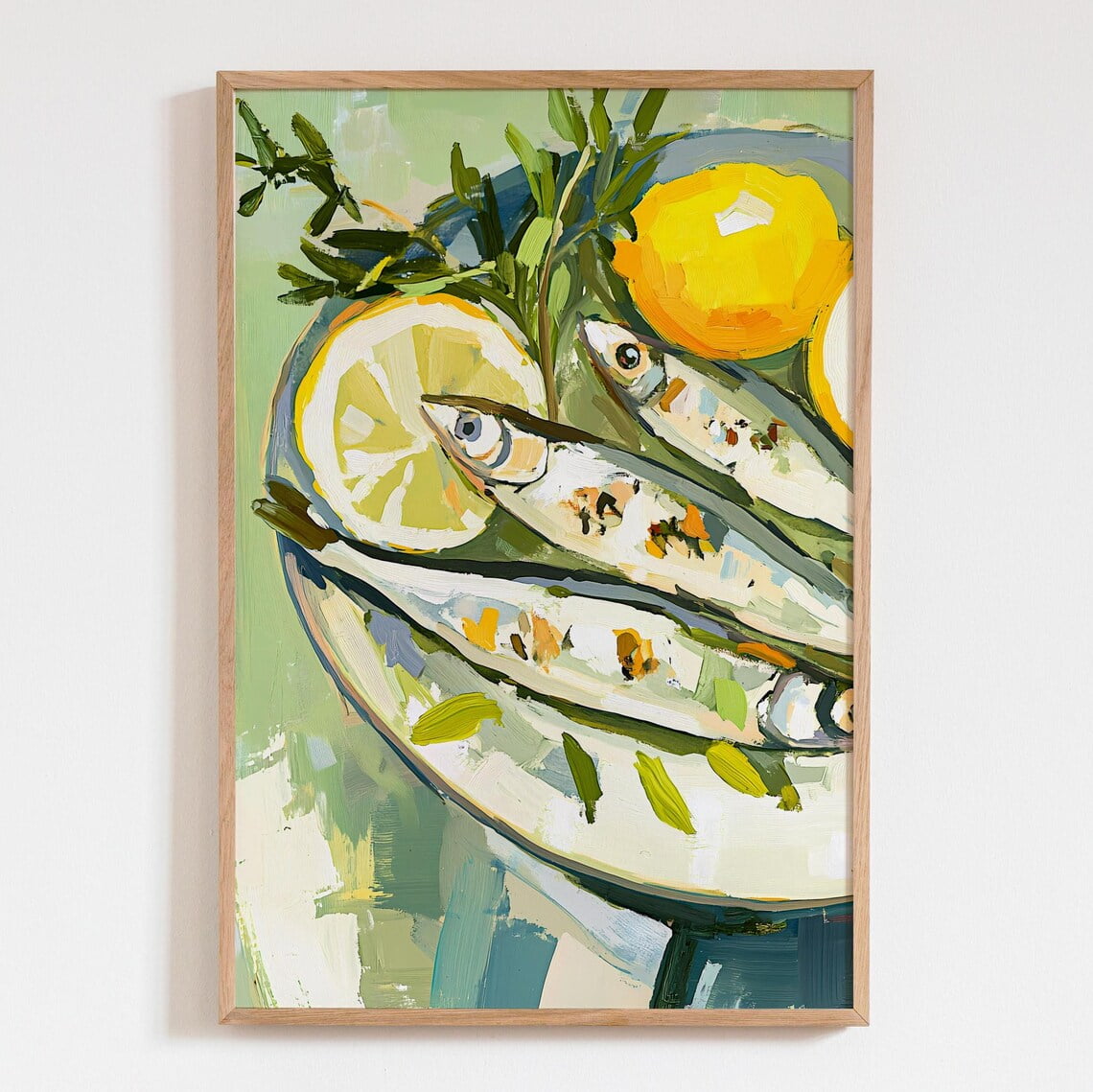 Modroom Sardines Lemons Still Life Art, Green Blue Kitchen Poster ...