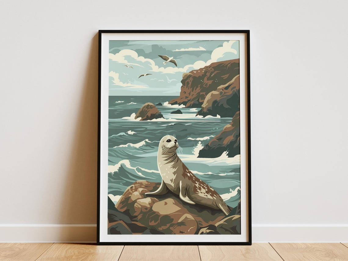 Modroom Sea Lion Coastline Poster Ocean Animal Seal Beach Art Print Sea ...