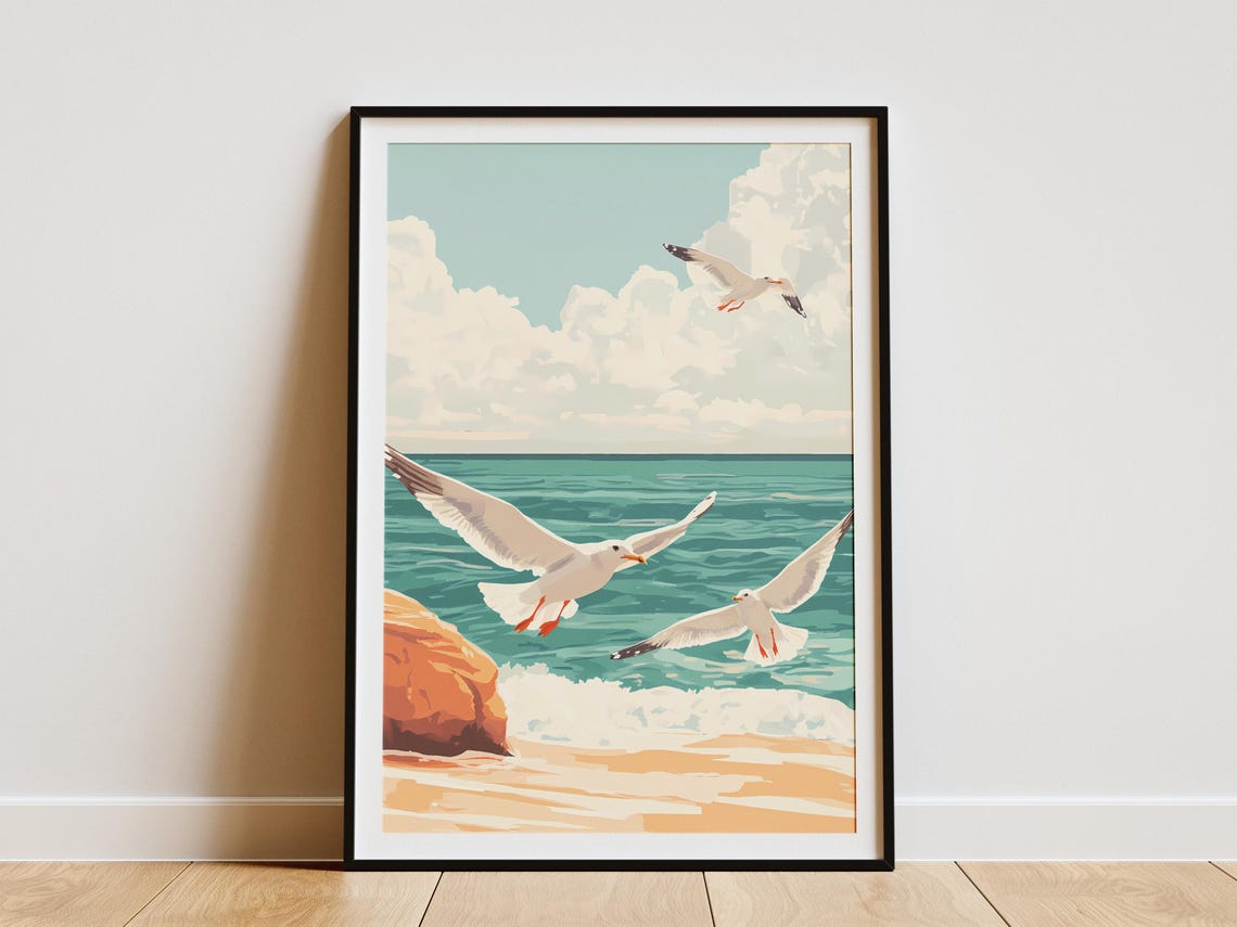 Modroom Seagull Print Coastal Art Beach House Decor Ocean View Poster ...